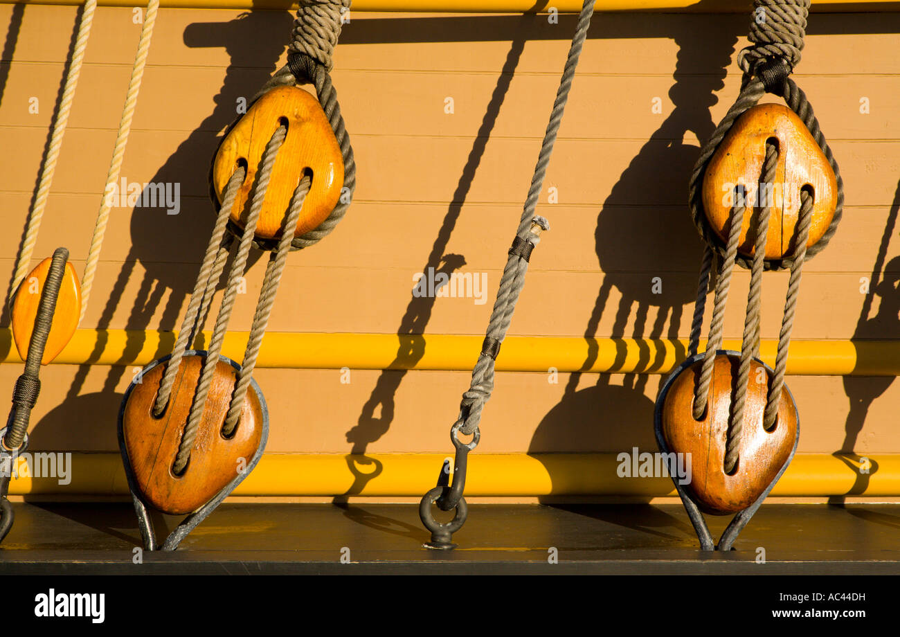 Pulleys of rigging on tall ship in Jamestown settlement Stock Photo - Alamy