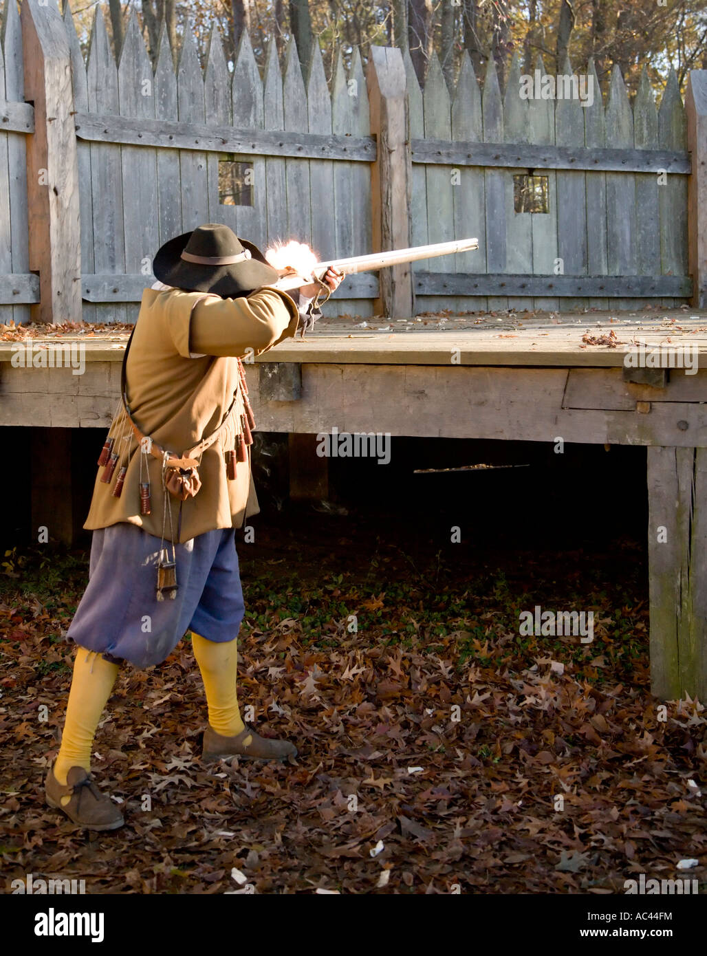Black powder muzzle loading gun demonstration in Jamestown settlement ...