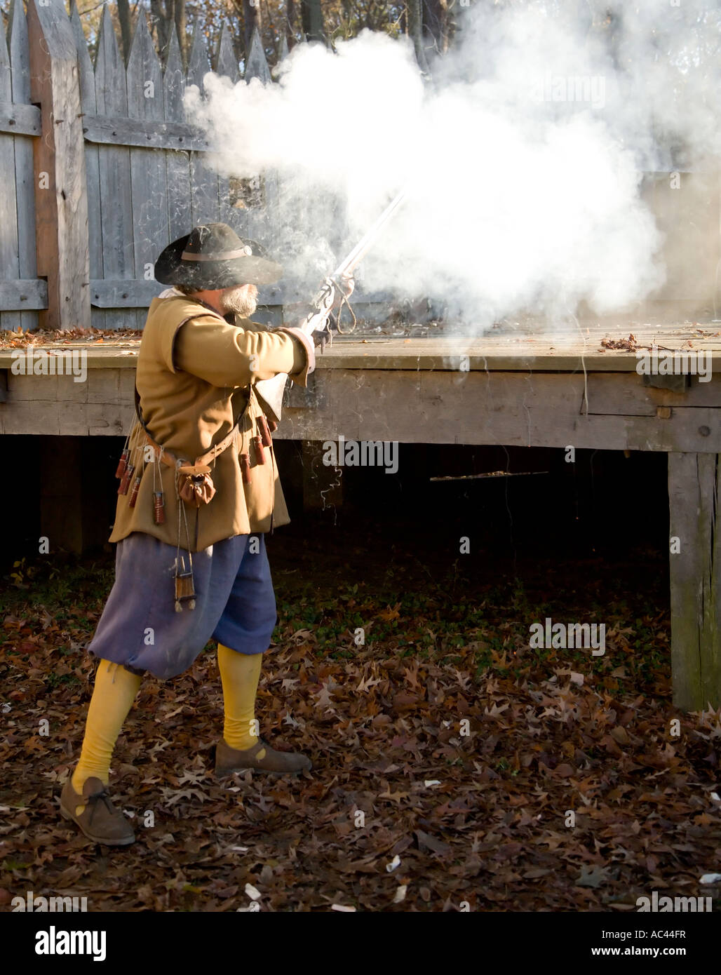 Black powder muzzle loading gun demonstration in Jamestown settlement ...