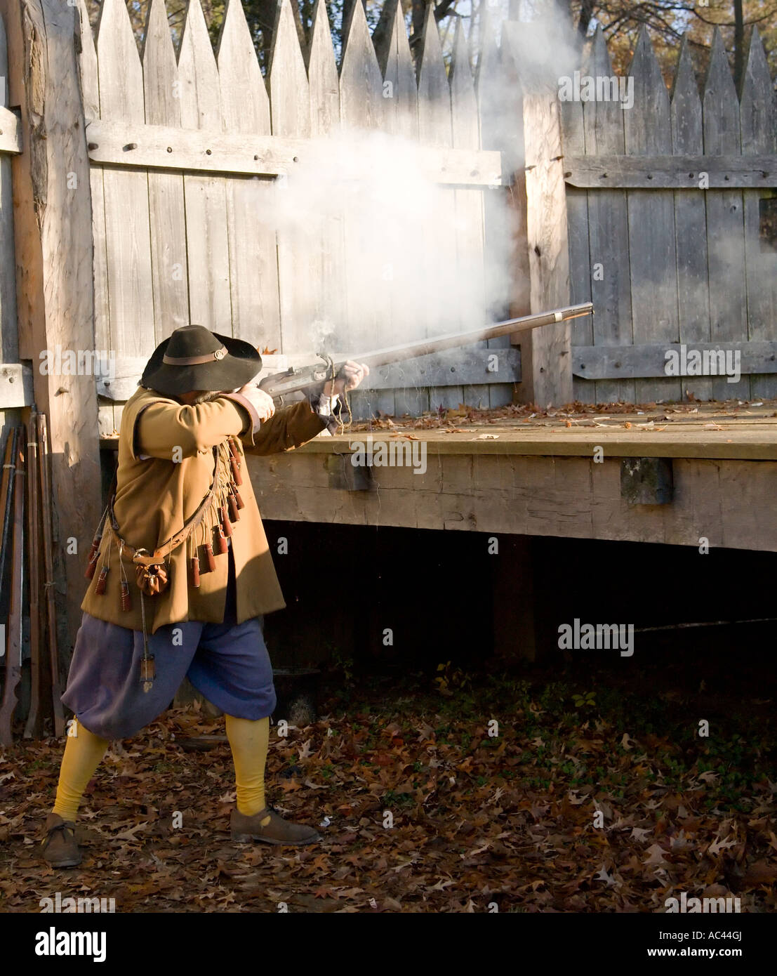 Black powder muzzle loading gun demonstration in Jamestown settlement ...