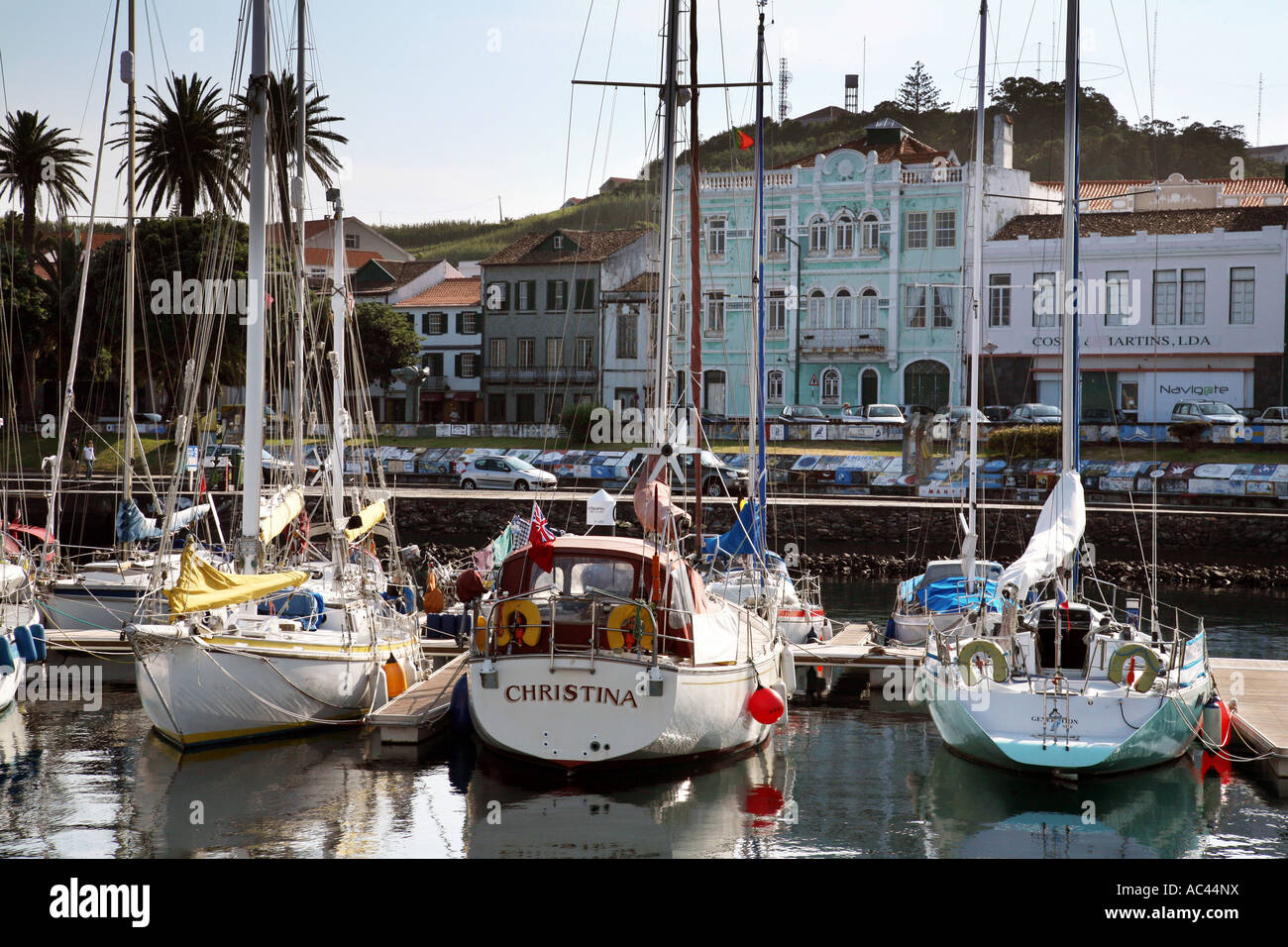 Moored yachts in the marina front of colonial buildings, Horta harbour ...
