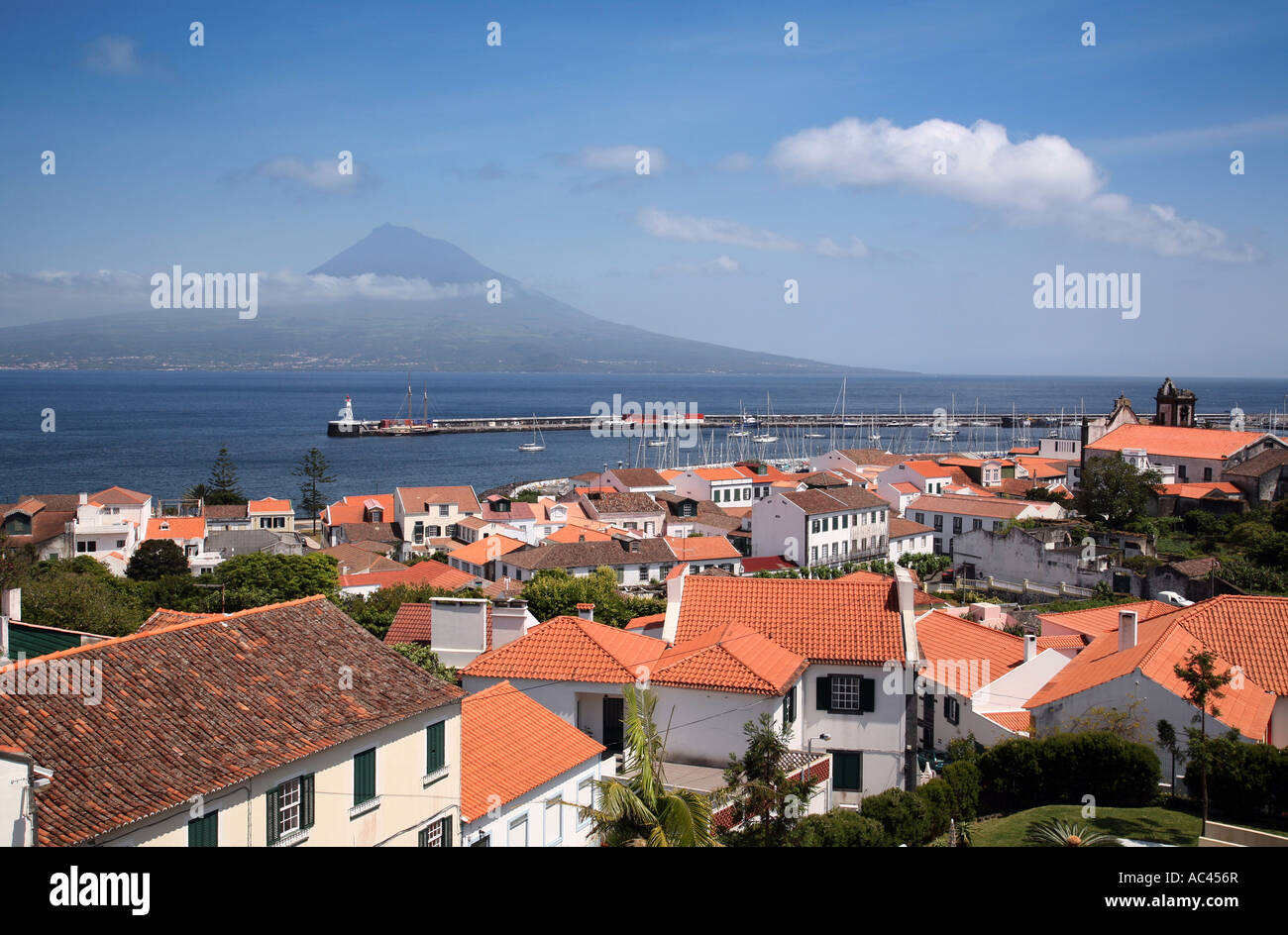 The town of Horta, Faial Island, looking across to Pico Volcano, The ...