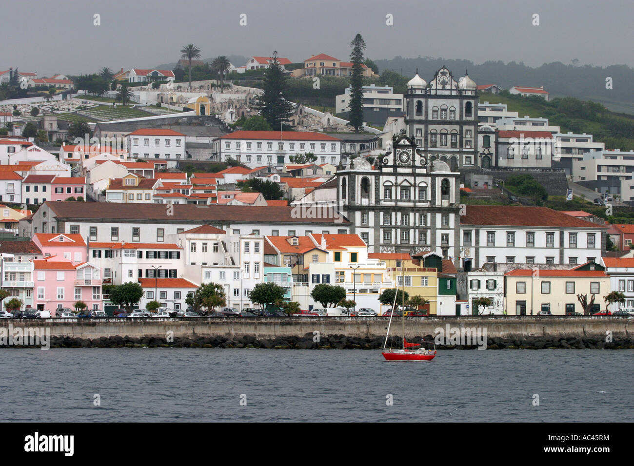 The town of Horta, on the Island of Faial seen from the ocean, the ...