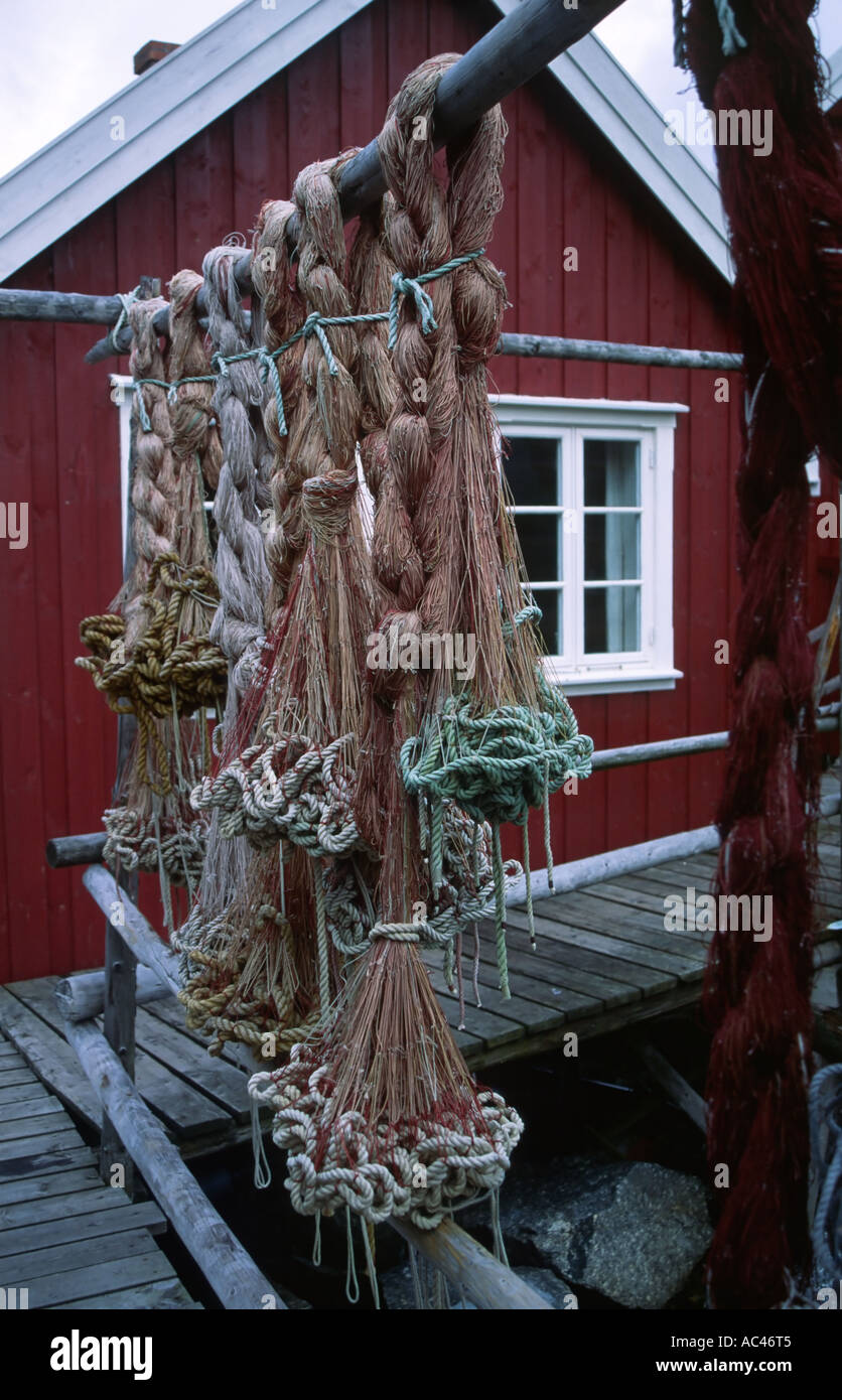 Fishing nets hanging out to dry in the Lofoten islands archipelago in ...