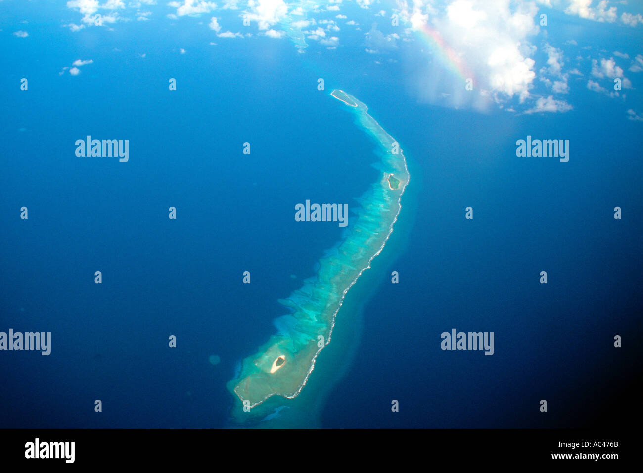 Aerial view of Kuwajelein atol and rainbow Marshall Islands N Pacific ...