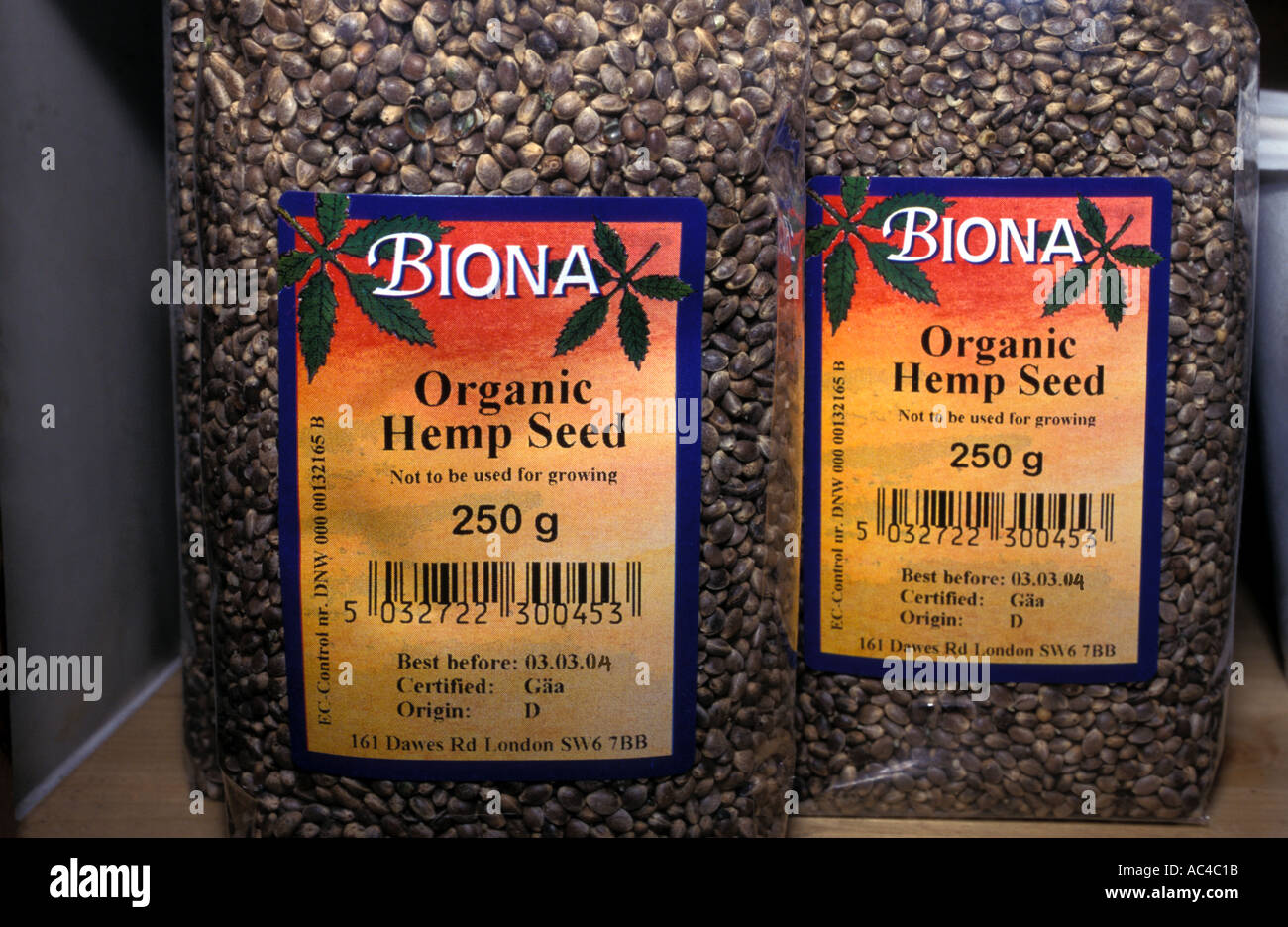 Organic hemp seeds on sale in health shop in London Stock Photo - Alamy