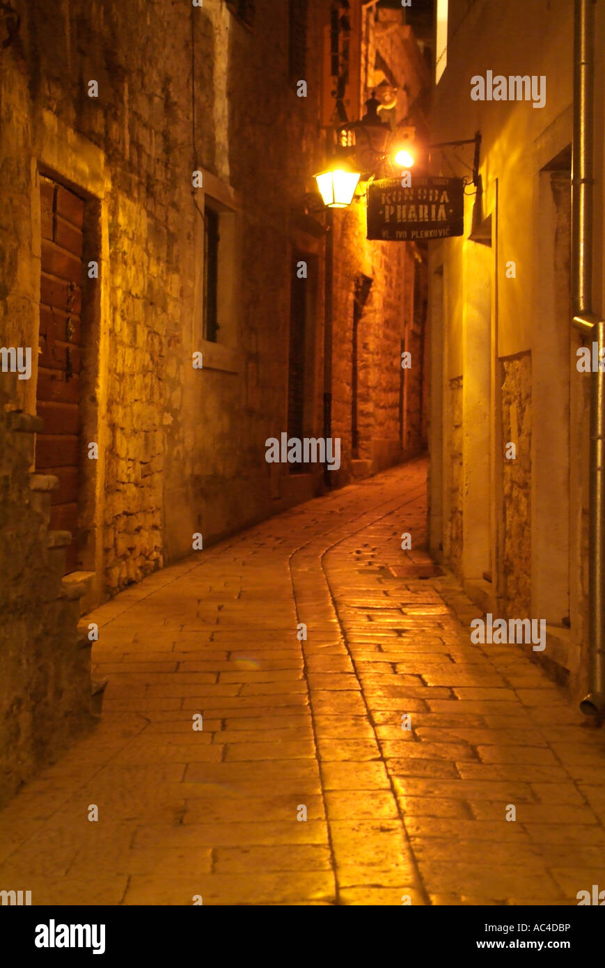 Cobbled street in Stari Grad at night on Island of Hvar, Croatia Stock ...
