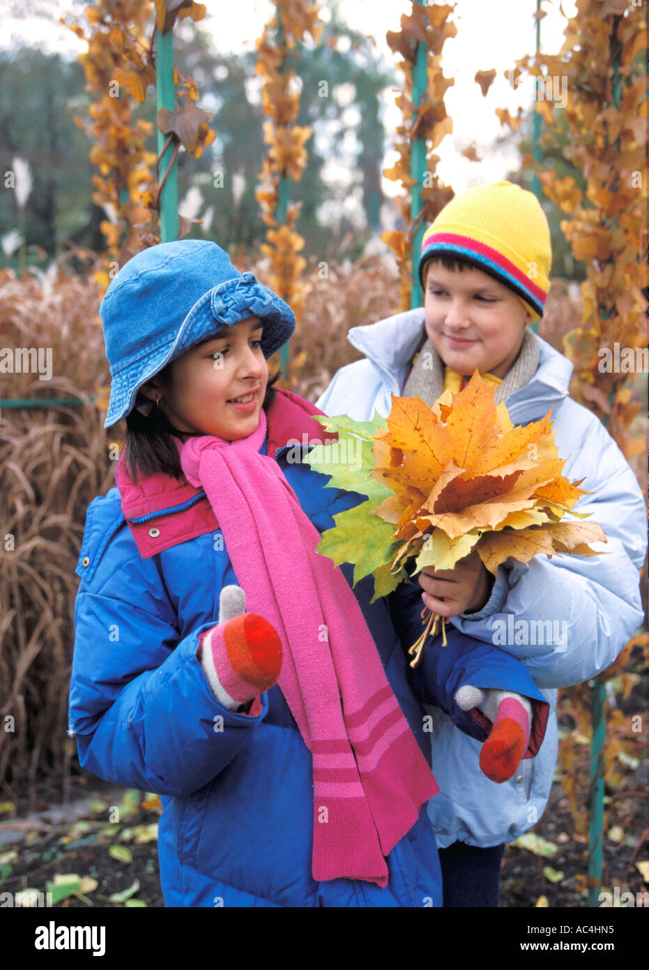 Boy giving leaves to girl Stock Photo - Alamy