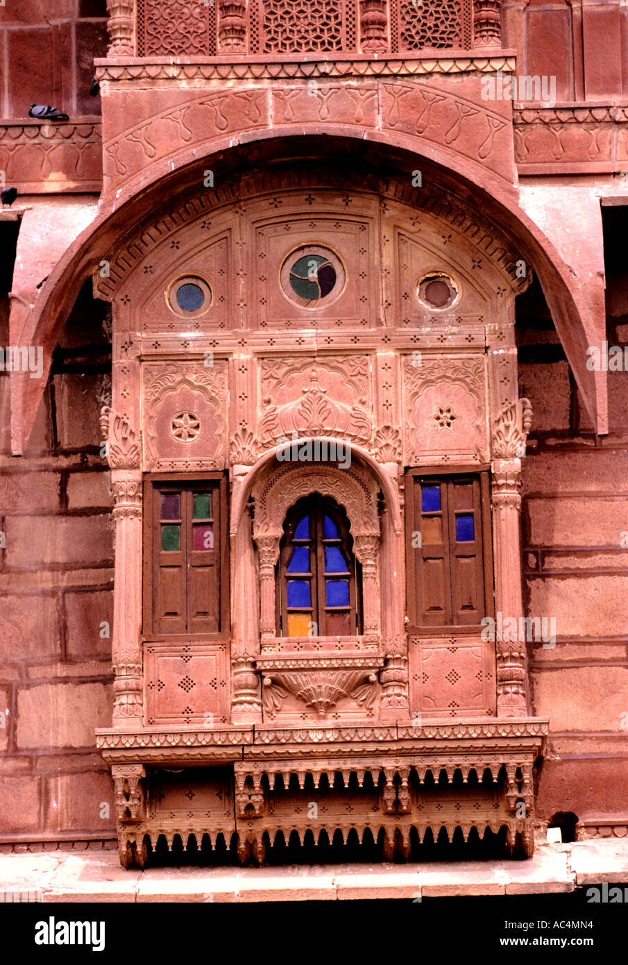 India Rajasthan Pokaran fort palace red sand stone finely curved Stock ...