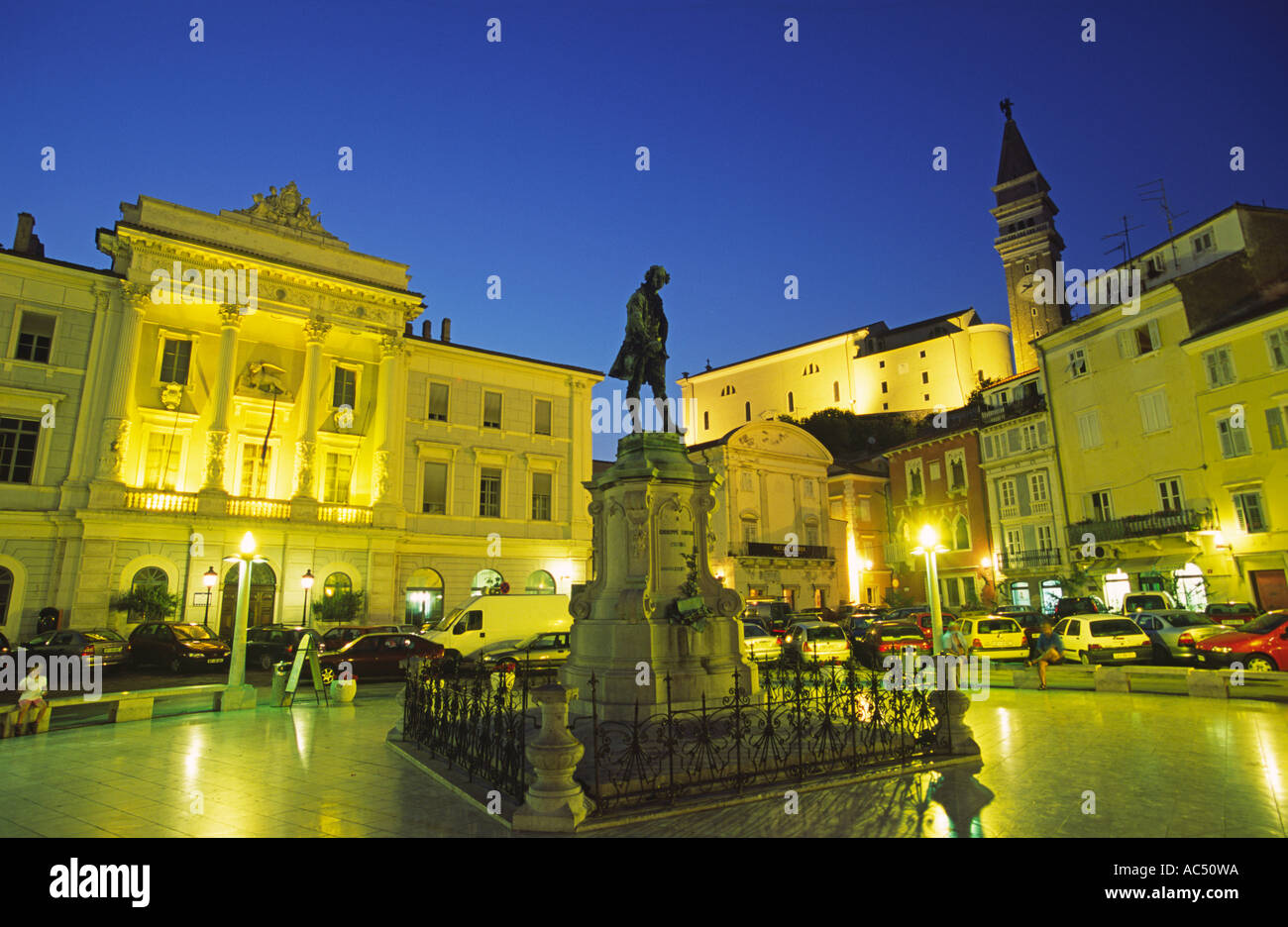 Tartini square with Tartini statue at dusk Piran Slovenia Stock Photo ...
