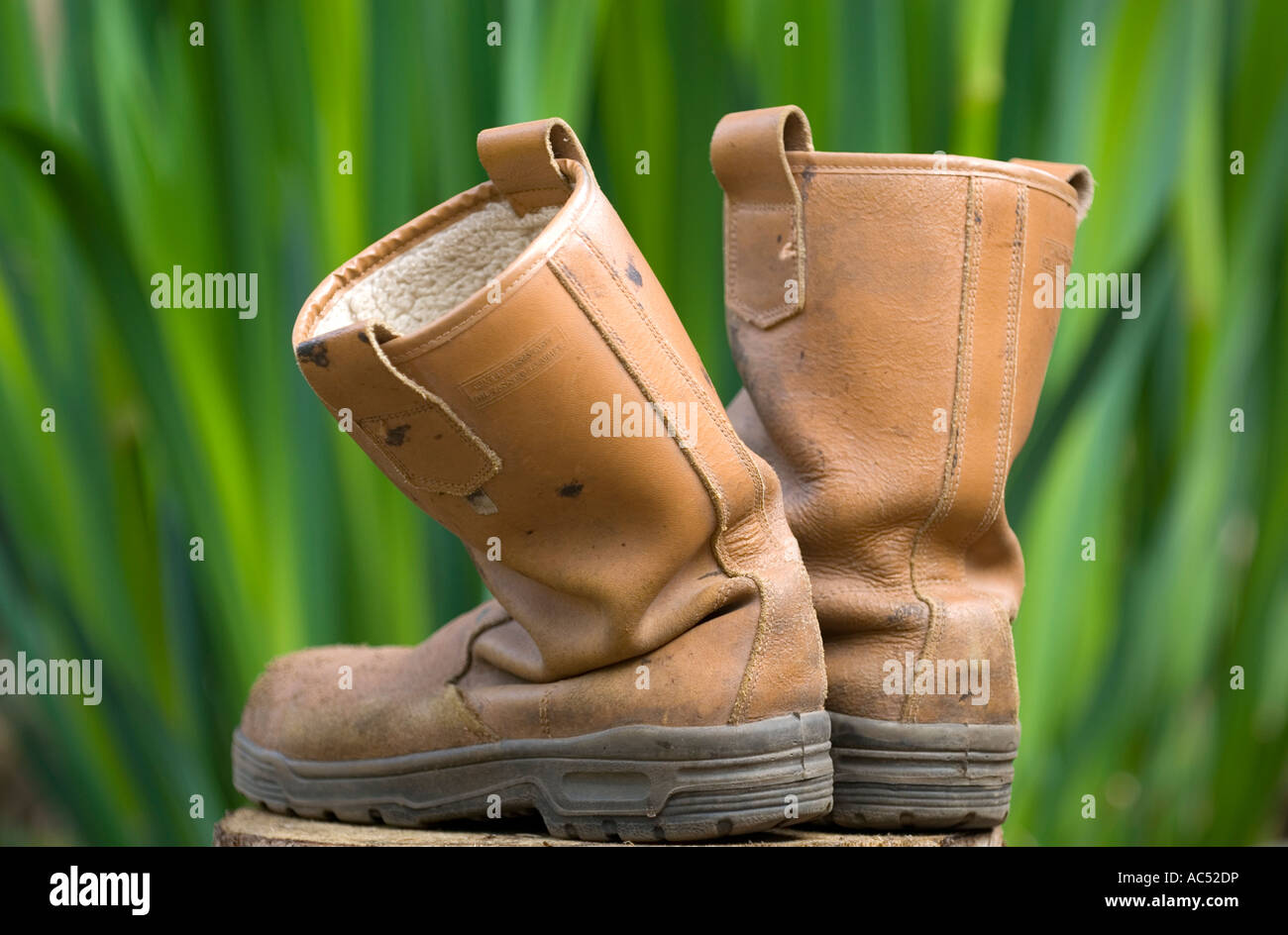 pair of working boots in garden Stock Photo - Alamy