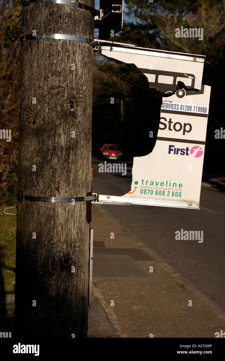 broken bus stop sign, Cornwall UK Stock Photo - Alamy