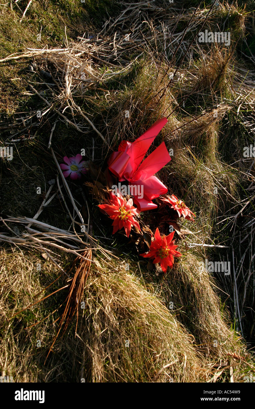 Discarded funeral wreath in grass verge Stock Photo - Alamy