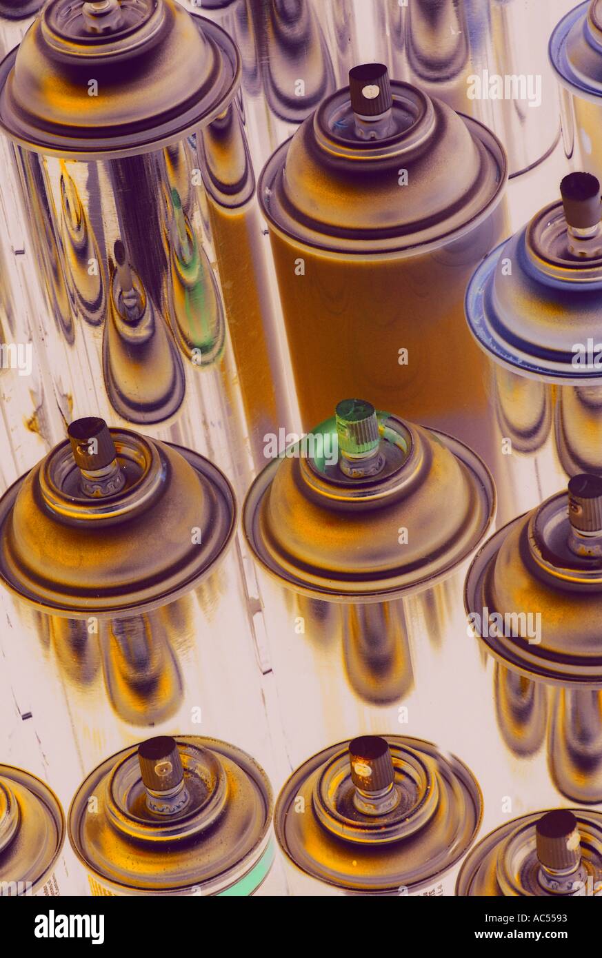 aerosol Backdrop cans rows Scenery Scenery silver Stock Photo - Alamy