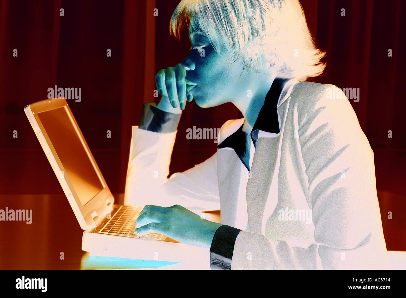 Business computer face hand laptop on sitting thinking woman work ...