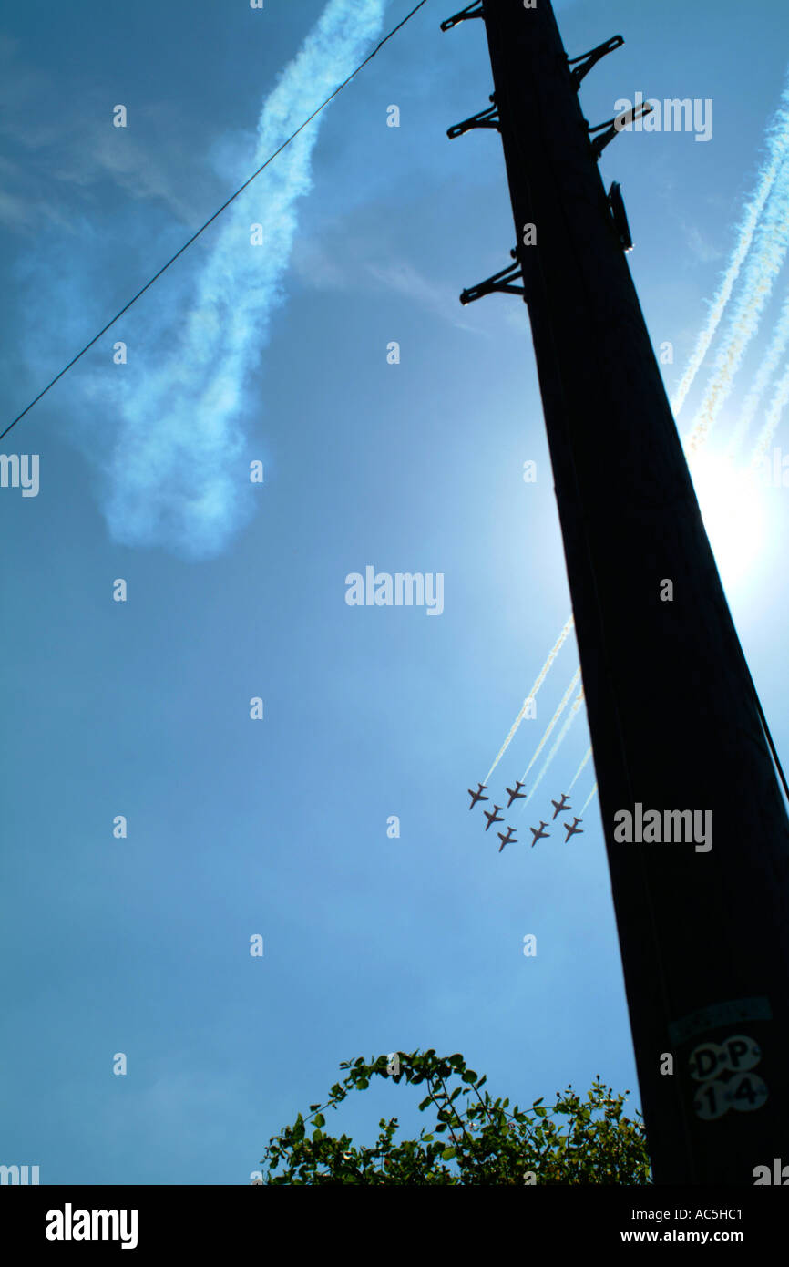 Red Arrows display team flying over Fairford Gloucestershire England ...