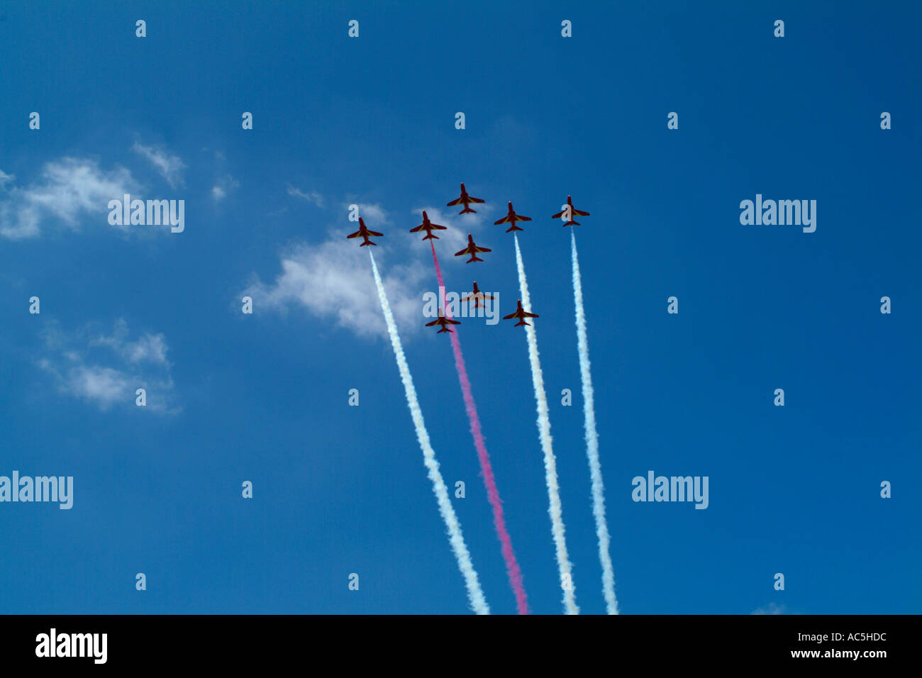 Red Arrows display team flying over Fairford Gloucestershire England ...