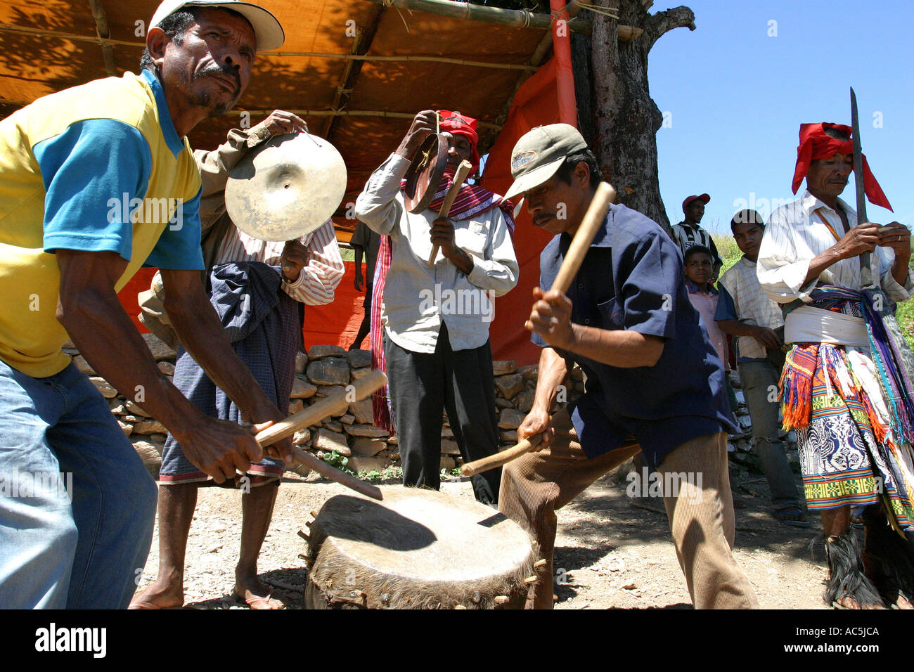 East Timor rural village Villagers rehearse on traditional instruments ...