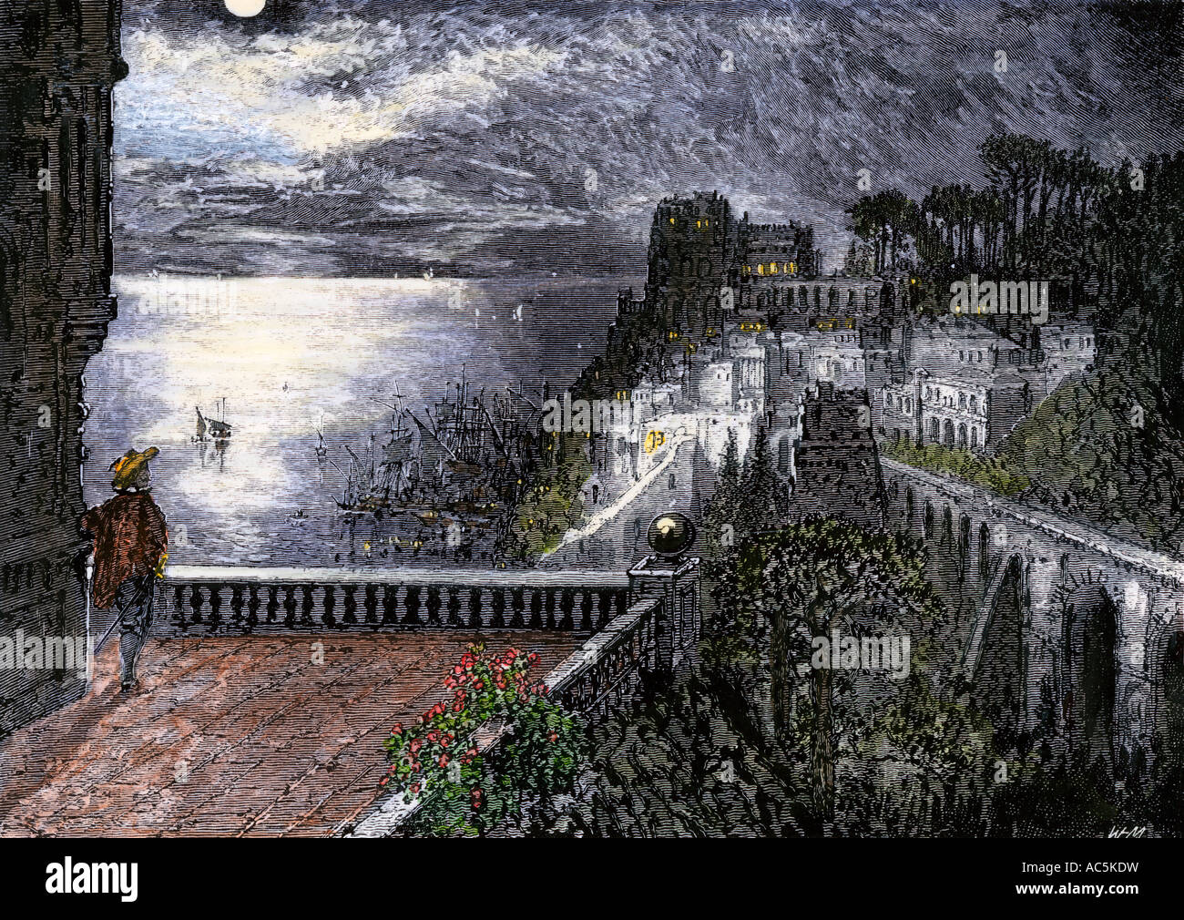 Moonlight on Genoa harbor circa 1400s. Hand-colored woodcut Stock Photo ...