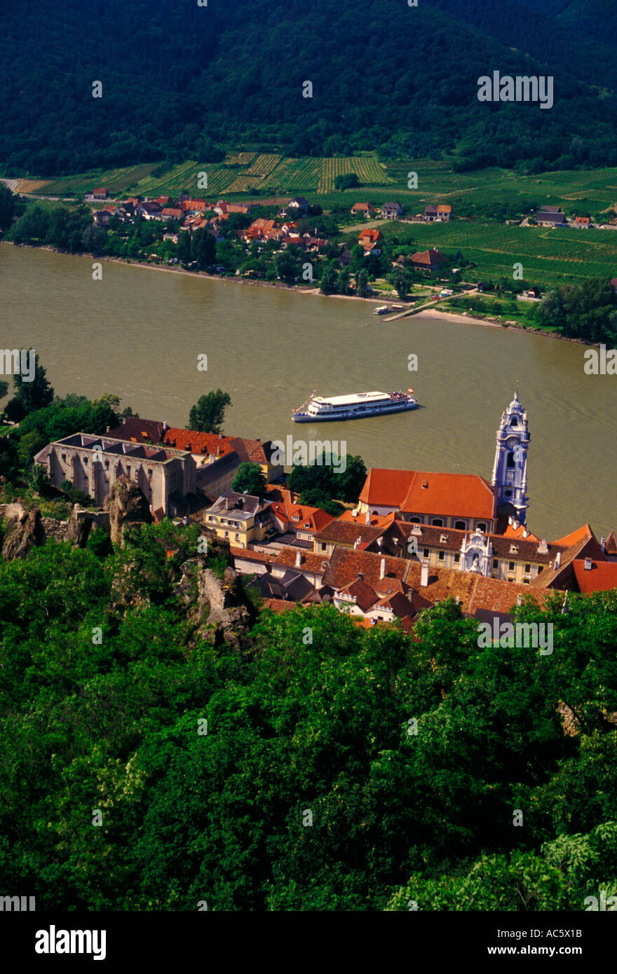 Danube River, view from Durnstein Castle, town of Durnstein, Durnstein ...