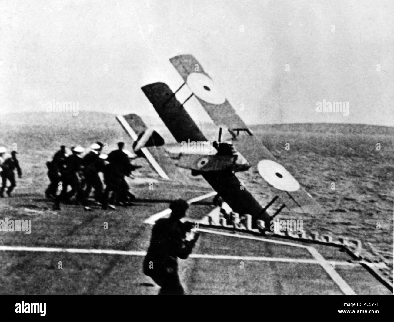 WWI Lt Edwin Dunning is killed trying to land his Sopwith Pup on a ship ...