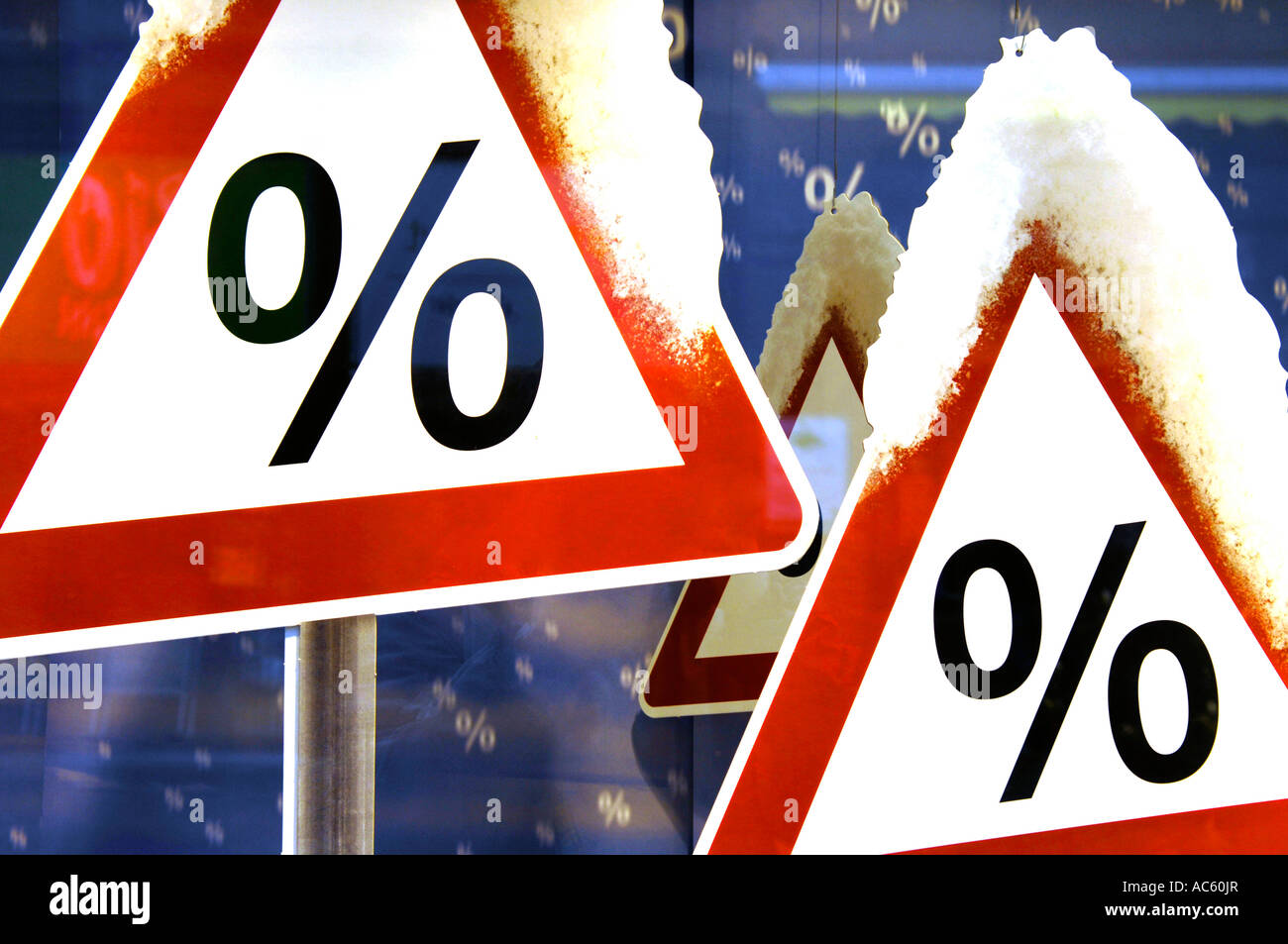 percentages warning signs winter snowcapped triangles traffic red white ...