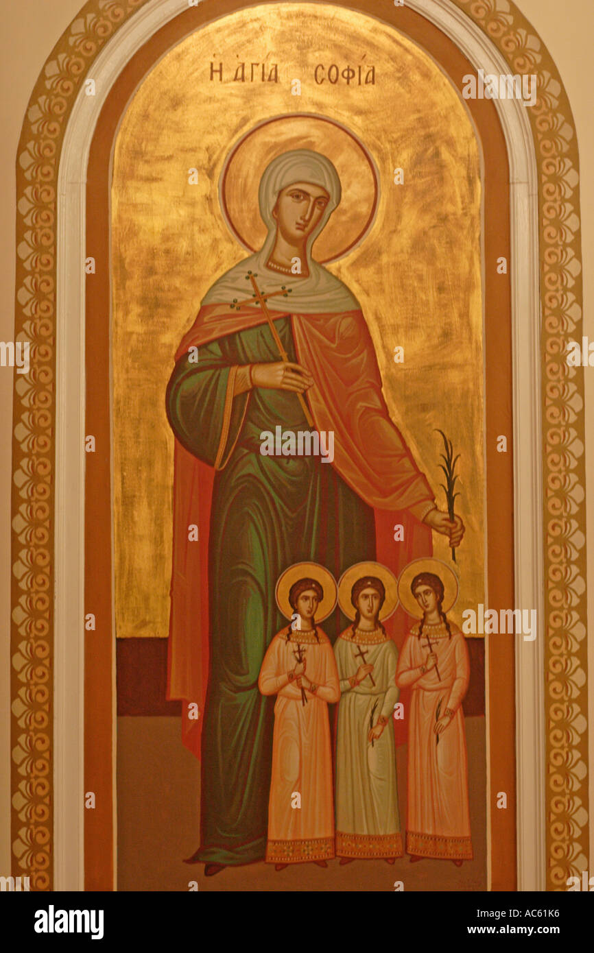 Icon of Mary and three devotees Stock Photo - Alamy