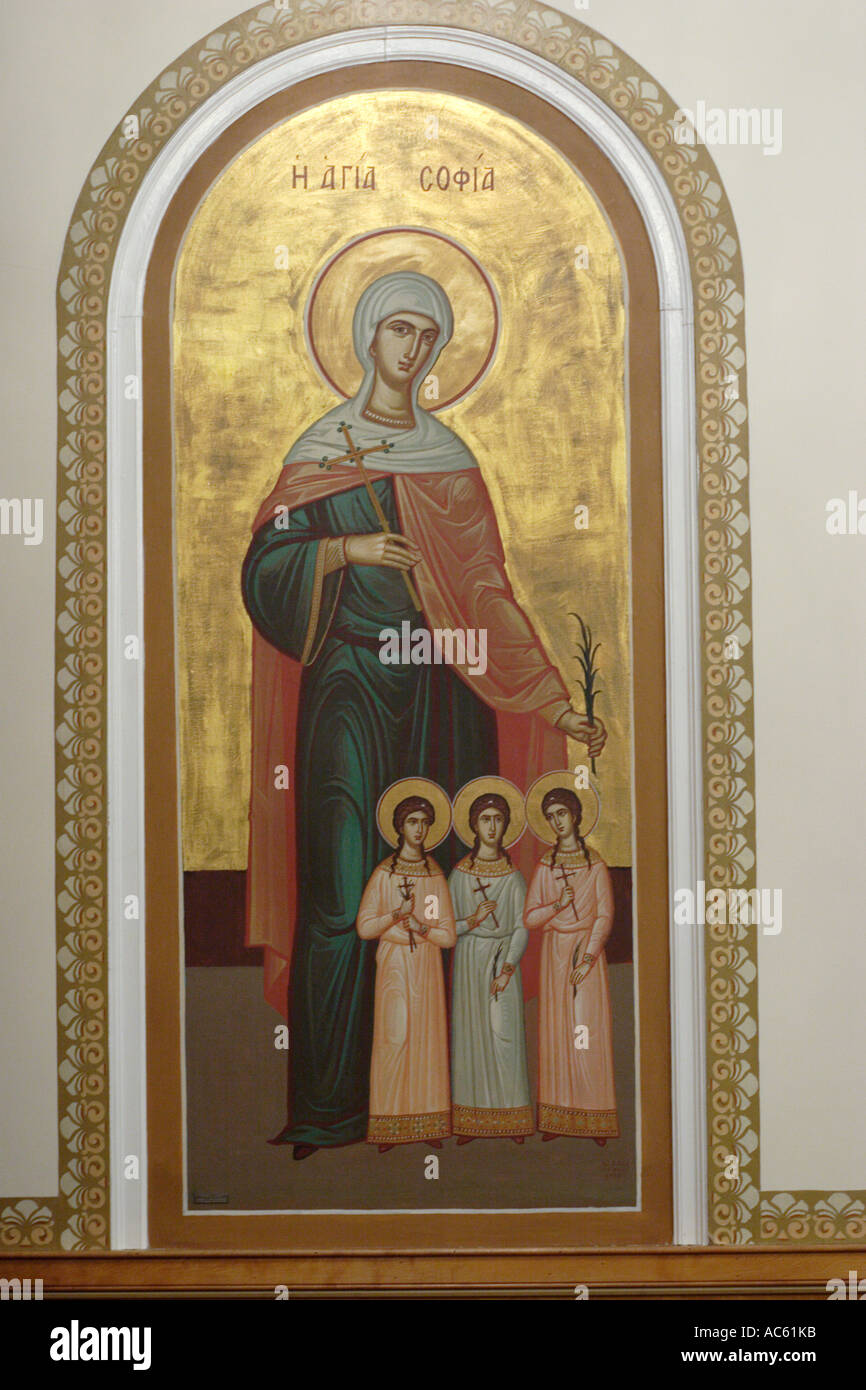 Icon of Mary and three devotees Stock Photo - Alamy