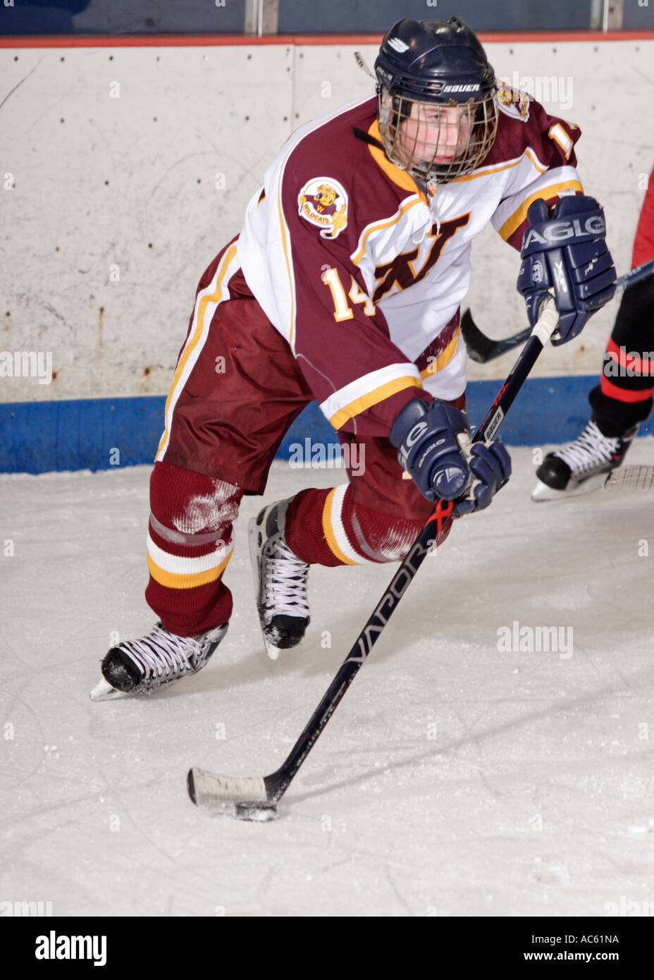 Teenage Ice Hockey player skating with puck Stock Photo - Alamy
