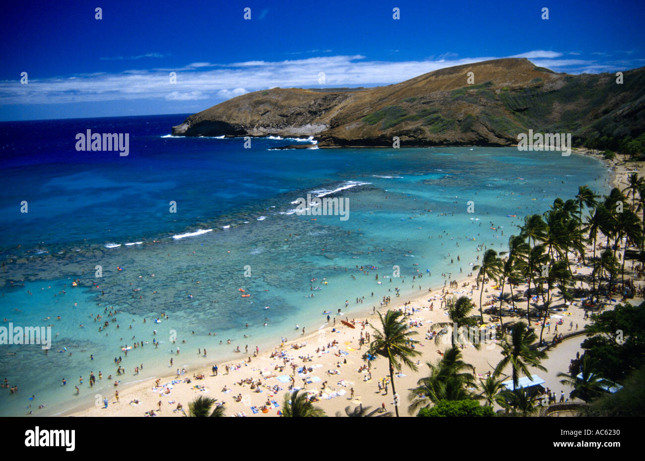 View of reefs and beach ina sea eroded crater at Hanauma Bay State ...
