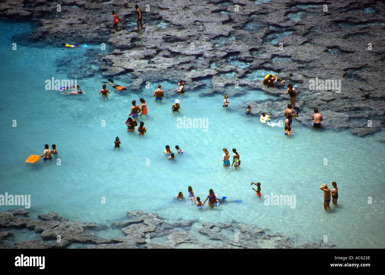 View of reefs and beach ina sea eroded crater at Hanauma Bay State ...
