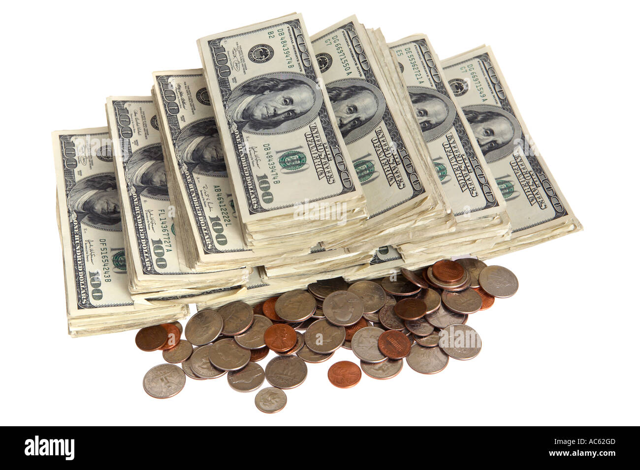 Pile of 100 dollar bills and coins Stock Photo - Alamy