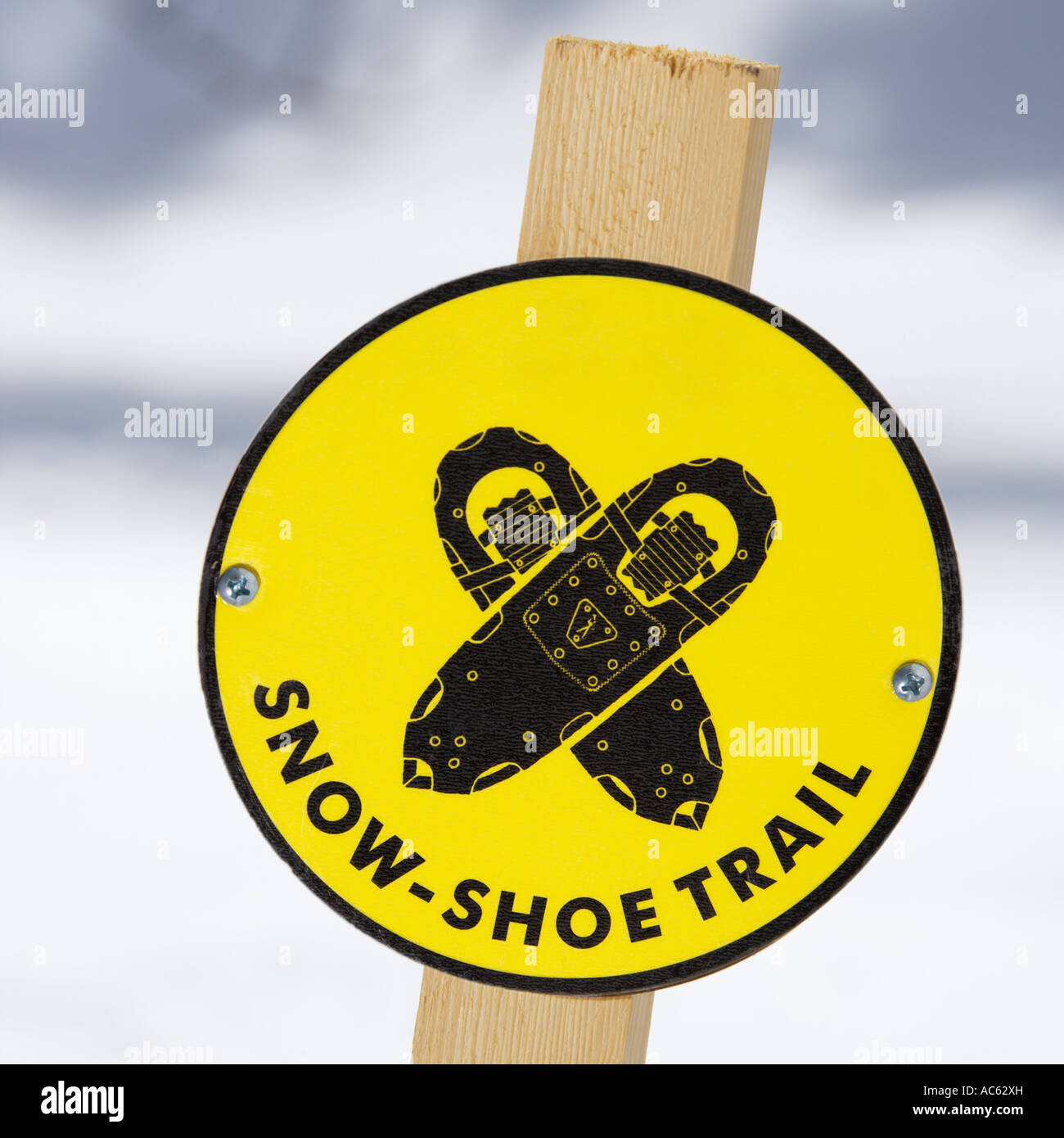 Yellow snowshoe trail sign Stock Photo - Alamy