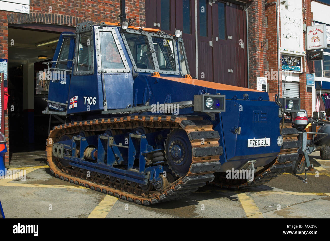 Lifeboat tractor outside the lifeboat station in Filey North Yorkshire ...