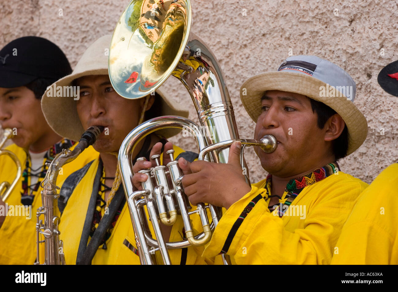 A music band playing air musical instruments during carnival in ...