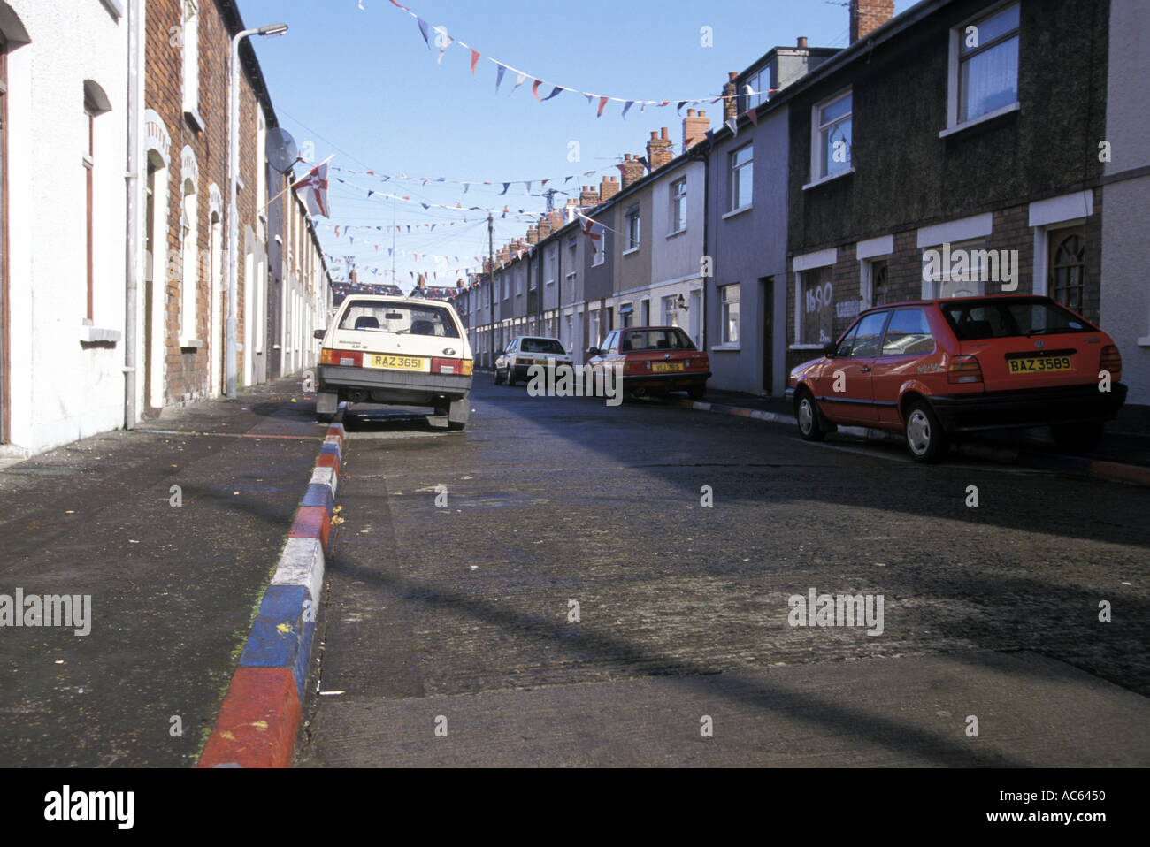 Road edging painted in the colours of the Union Jack flag painted by ...