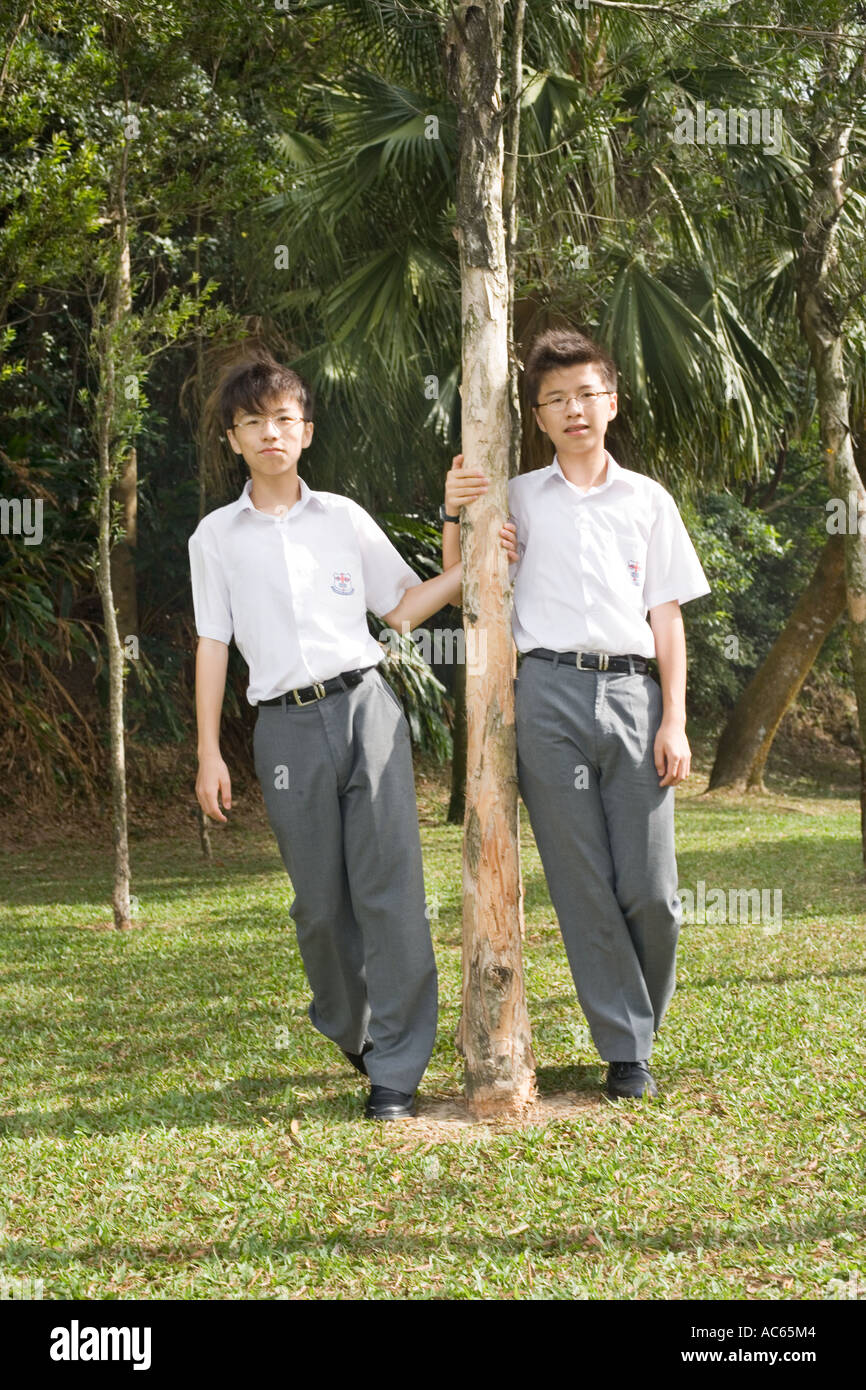 twin boys standing next to a tree Stock Photo - Alamy