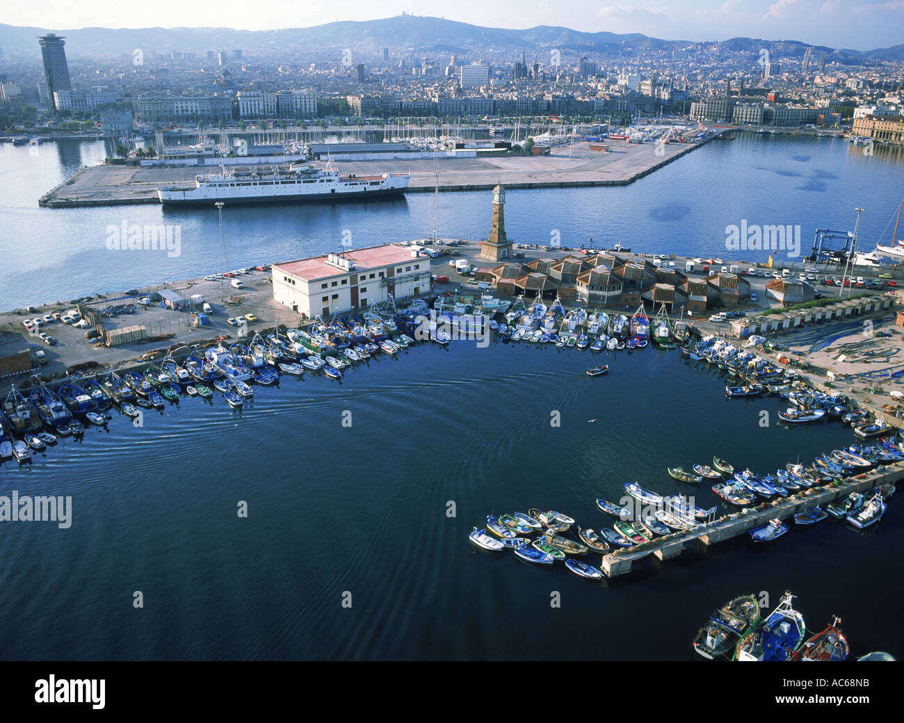 Overview of ships in Barcelona harbour on Mediterranean Sea Stock Photo ...