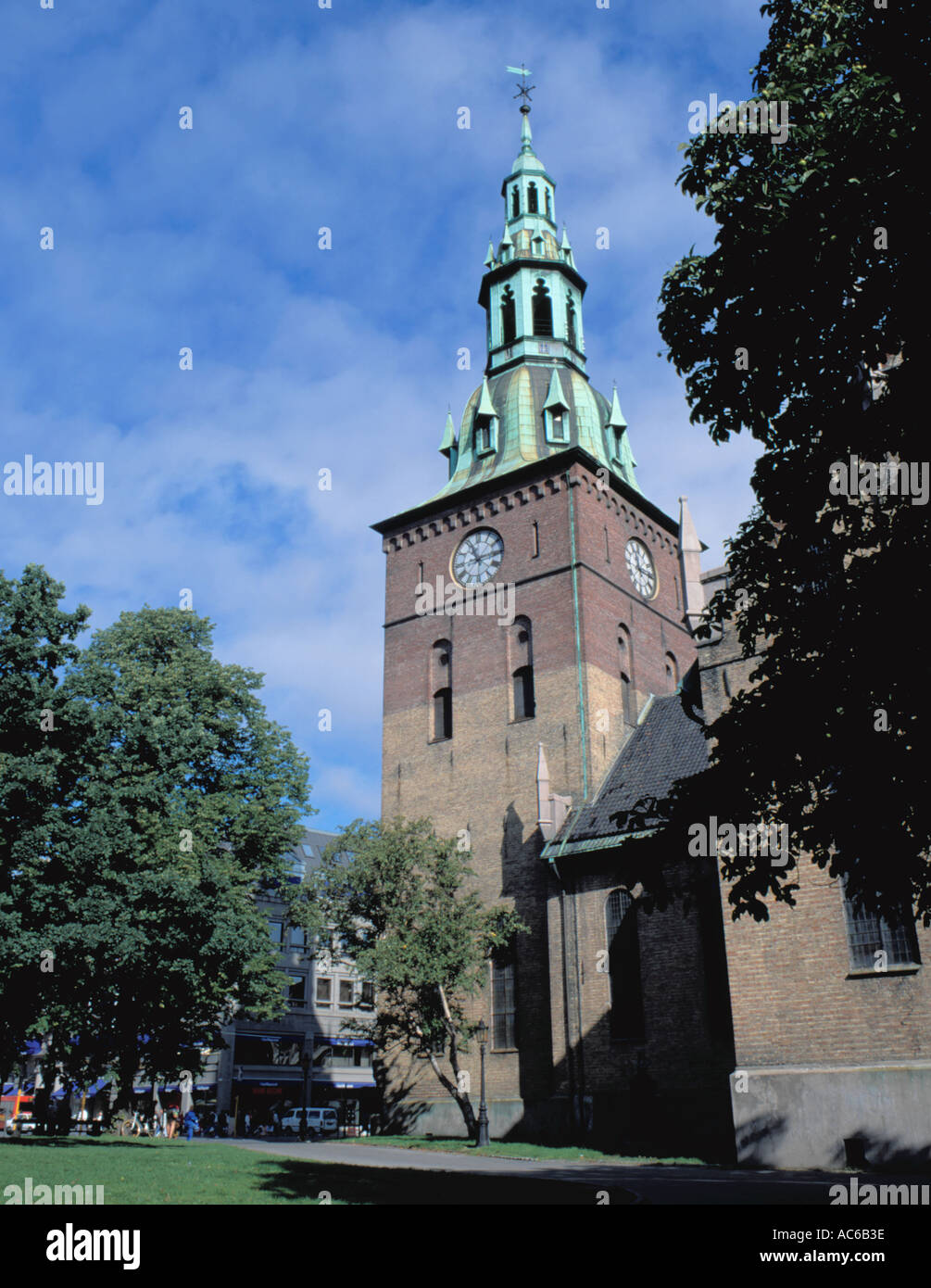Bell and clock tower of Oslo Domkirke (Cathedral), Oslo, Norway Stock ...