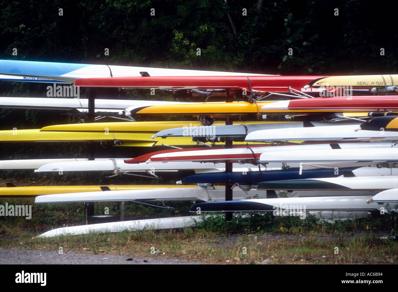 Racing shells on a rack at the Upper Thames Rowing Club at Henley in ...