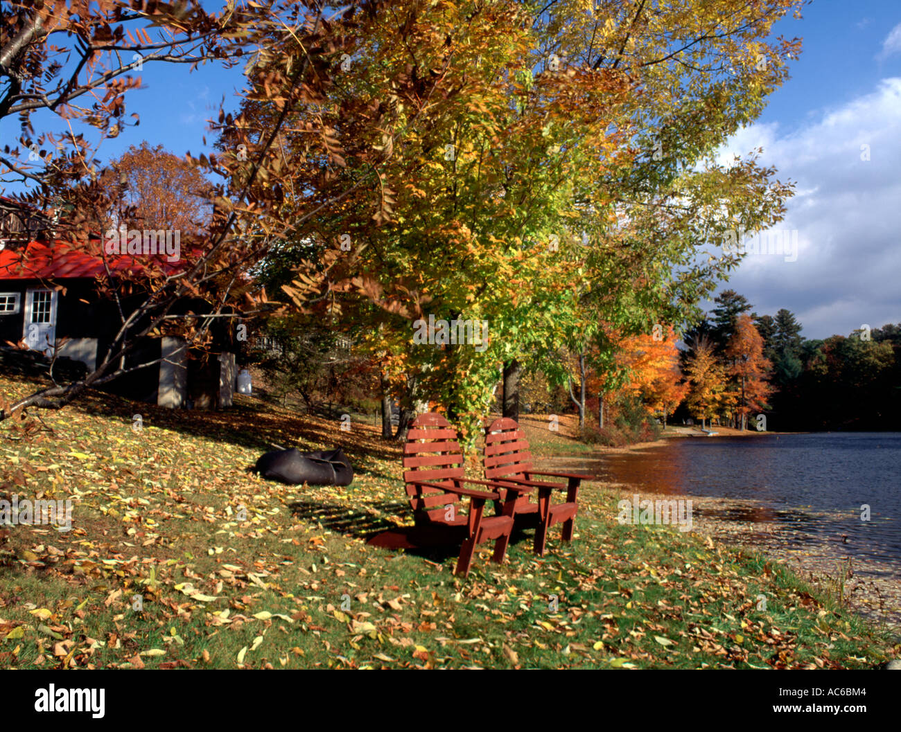 Lakeside chairs in Vermont, with autumn leaves on the ground Stock ...