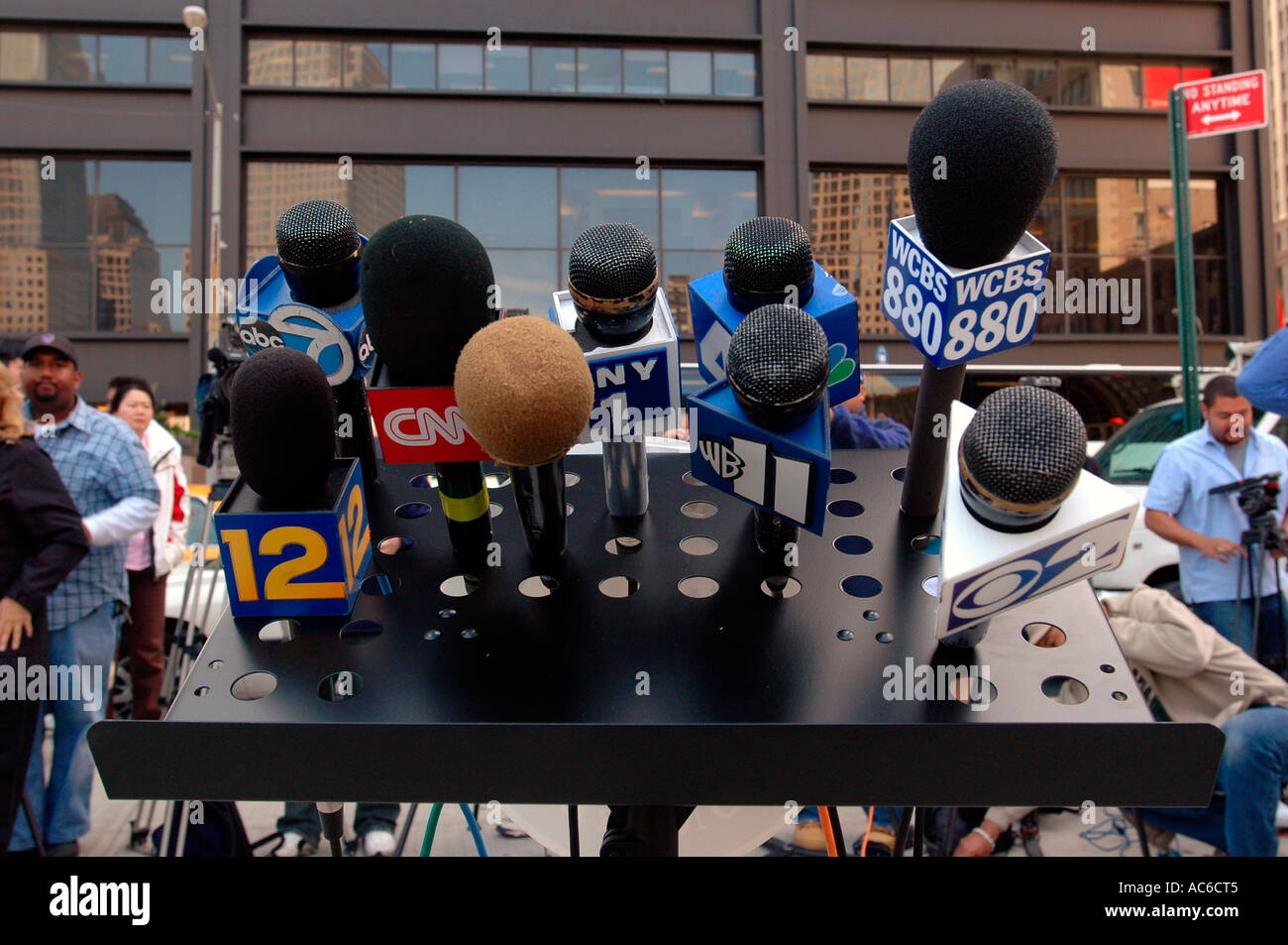 Microphone stand at a news conference Stock Photo - Alamy