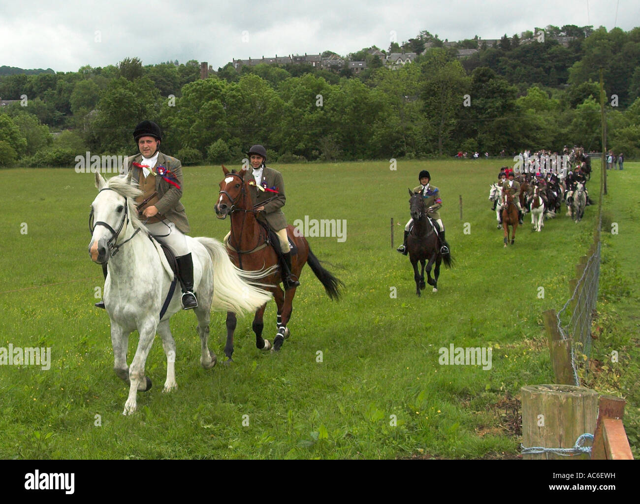 Selkirk Common Riding cavalcade follwoing the Standard Bearers riding ...