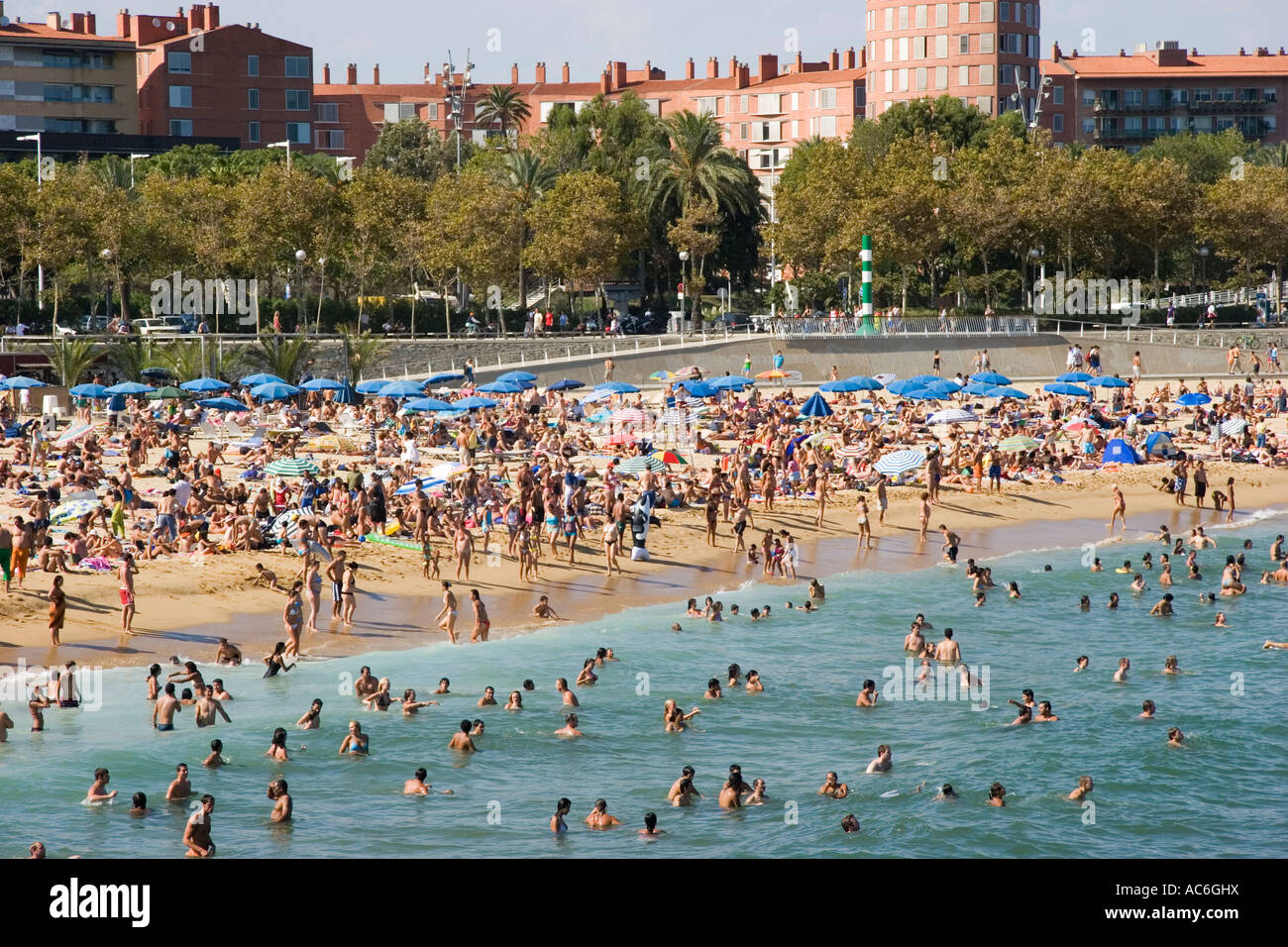 Sunbathers on beach and swimming Barcelona Spain Stock Photo - Alamy