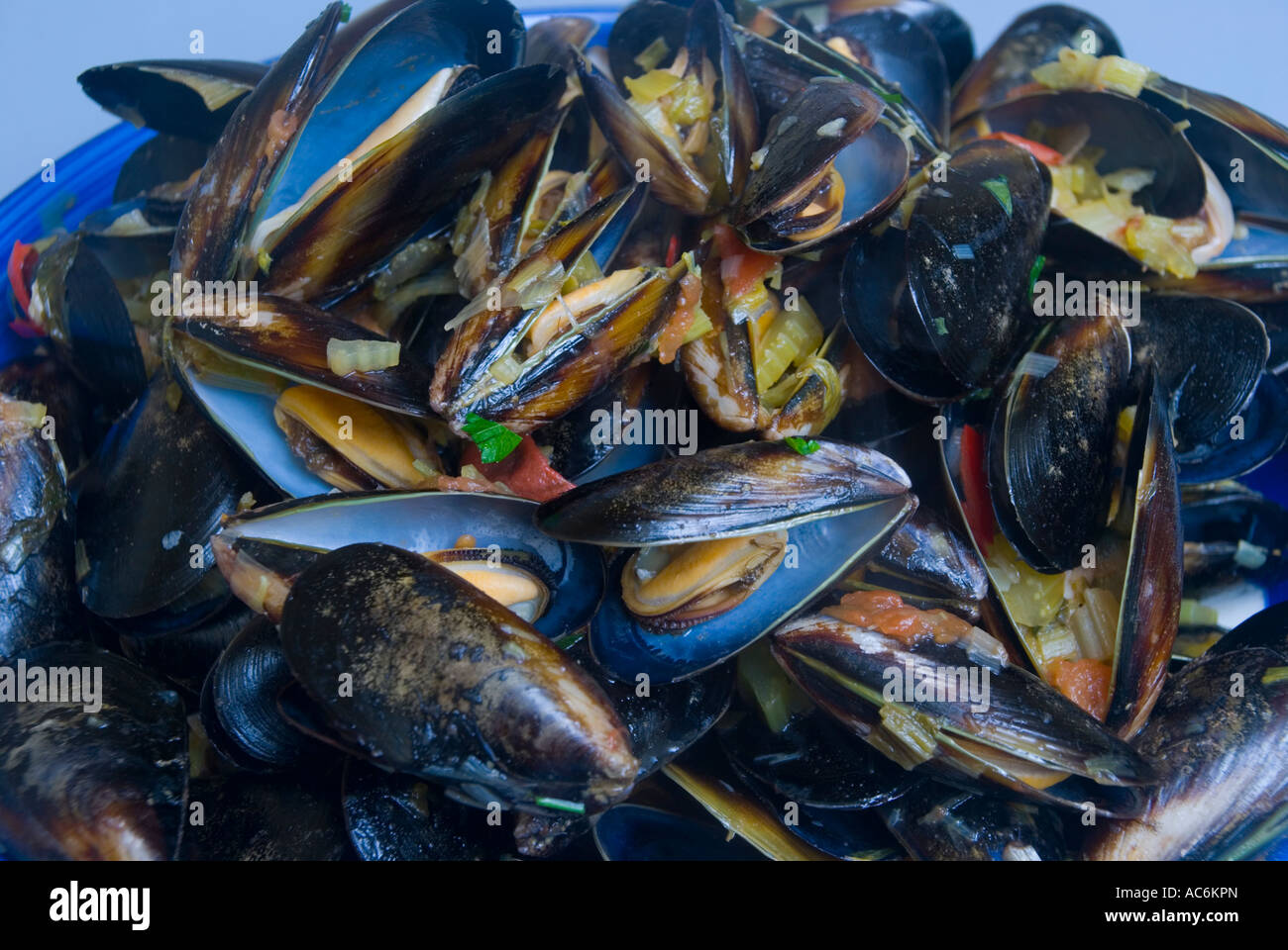A platter of steamed mussels Stock Photo - Alamy