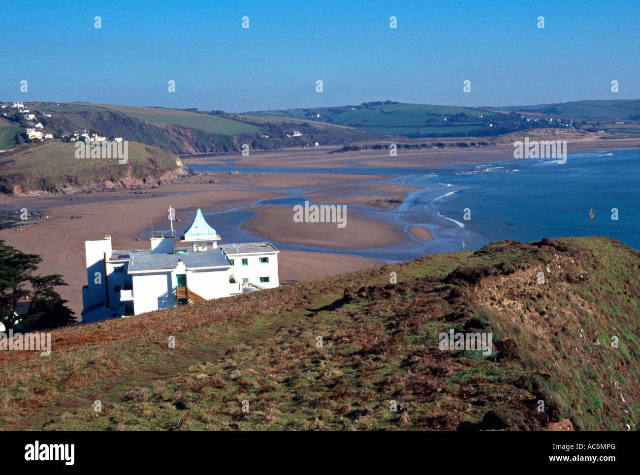 Art Deco Burgh Island Hotel view towards mainland south devon england ...