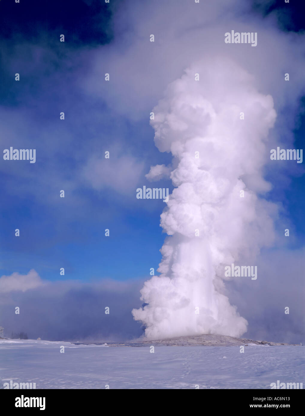 Yellowstone National Park WY Old Faithful Geyser eruption in winter ...