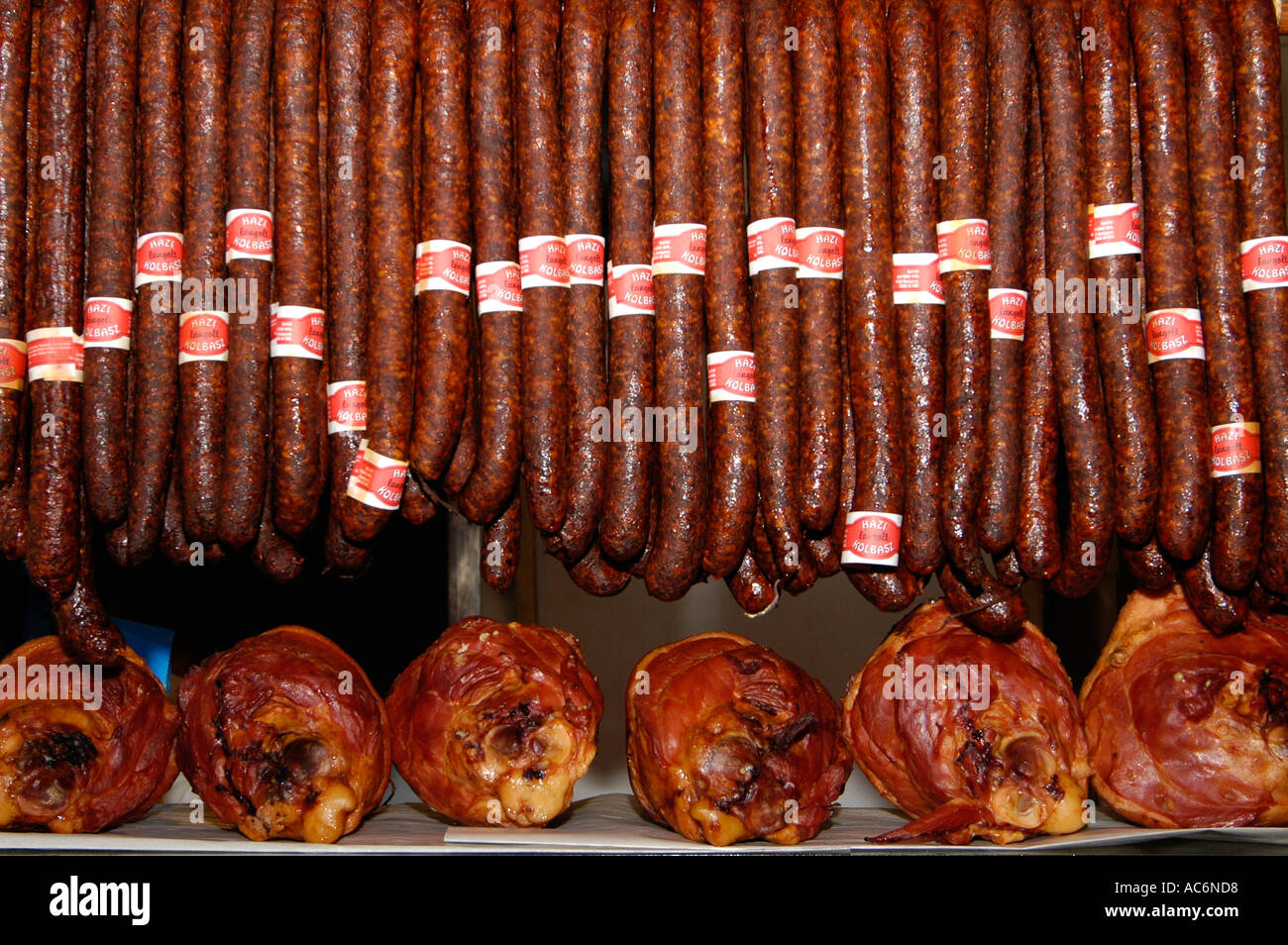 Strips of Hungarian Homemade Sausage Hazi Kolbasz made with pork garlic ...