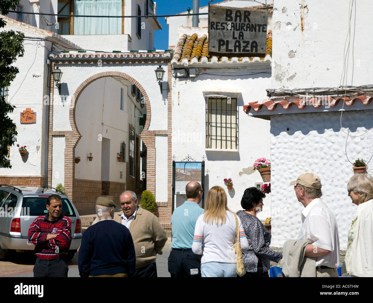 Comares Malaga Province Spain Tourists and locals in Plaza Balcon de la ...