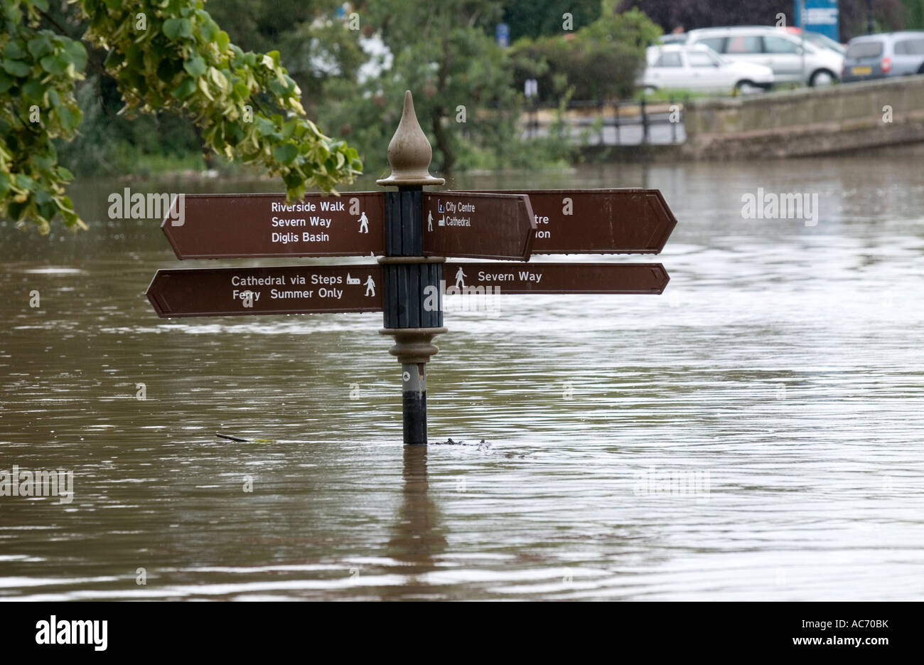 Signpost semi submerged by the River Severn during flooding in ...